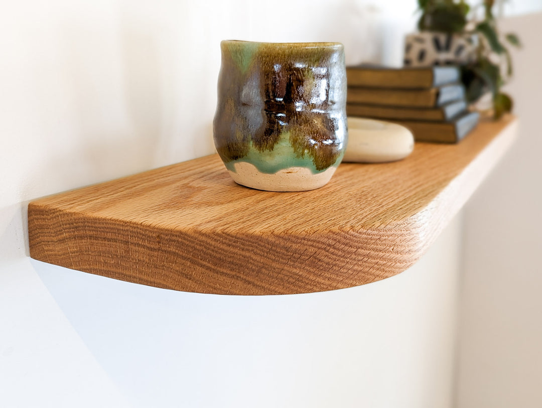 Long floating shelves with rounded corners in mahogany – NookWoodworking